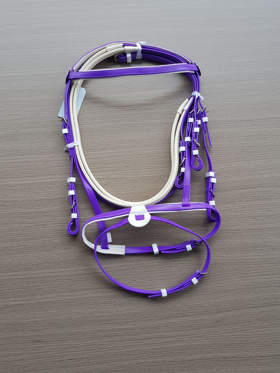 PVC-Purple-White-Eventing Bridle With Matching Pimple Grip Reins ...